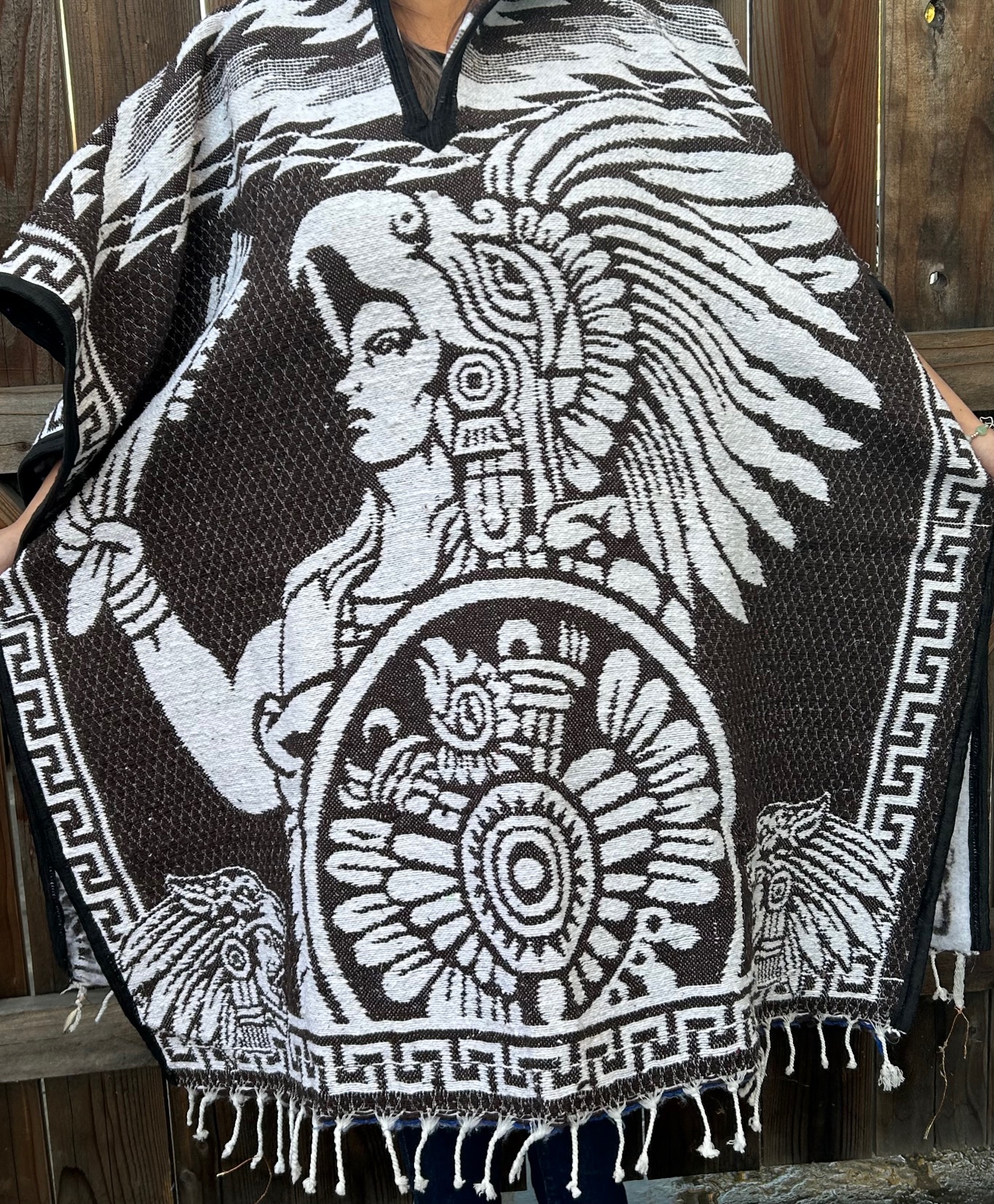 Mexican Aztec Warrior & Mexican Eagle Poncho Dark Brown/White ...